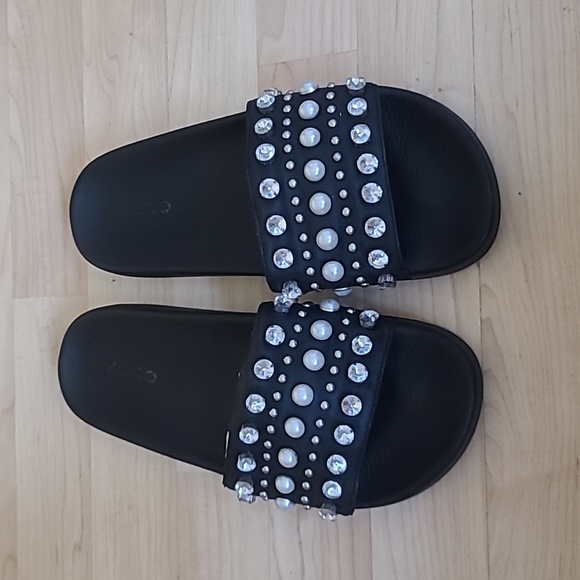 Aldo | Shoes | Aldo Black Rhinestone Pear Sandals Slides Comfortable ...